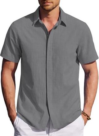 Coofandy Chemise Homme Manches Courtes Coton &Eacute;t&eacute; Chemise Casual Homme Plage Vacances Confort Respirante avec Boutons Cach&eacute;s Gris Fonc&eacute; L