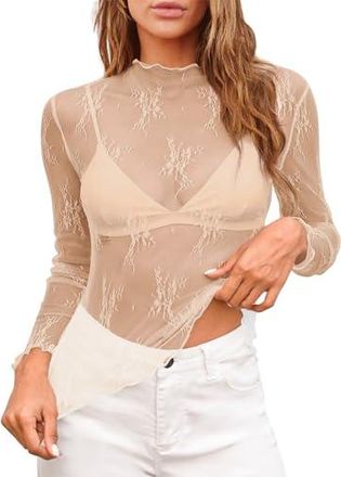 Generic Tunique ajust&eacute;e &agrave; motif floral pour femme - Joli haut d&eacute;t&eacute; brod&eacute; en maille florale - Dentelle fine - Motif floral transparent - Superposition de dente