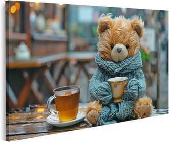 Islandburner Leinwandbild Teddy Mit Tee Im Gem&uuml;tlichen Caf&eacute; - Leinwand 80x40cm