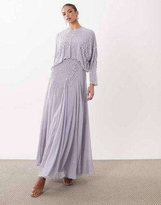Asos Robe longue ornement&eacute;e &agrave; manches chauve-souris avec corsage bouffant et ourlet &agrave; godets - Lilas-Violet