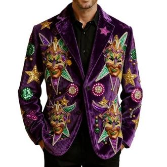 Generic Veste de costume pour homme en velours c&ocirc;tel&eacute; imprim&eacute; multicolore - Costume de carnaval - Motif Mardi Gras - Blazer - Tenue de f&ecirc;te - Vintage - Veste 