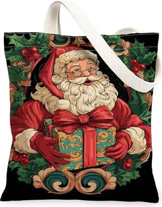Generic Sac fourre-tout en toile de No&euml;l avec motif P&egrave;re No&euml;l, vintage, l&eacute;ger, lavable, pour offrir en cadeau, voyage, 33 x 38,1 cm