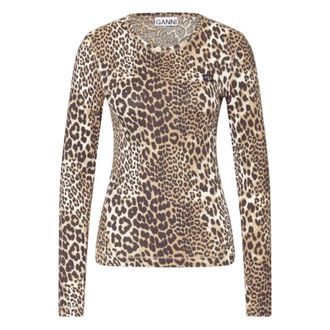 Ganni Femme, Tops, Brun, Taille: 42 FR Soft Cotton Rib Leo Longsleeve