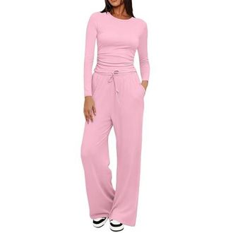 Generic Ensemble dint&eacute;rieur 2 pi&egrave;ces pour femme - Ensemble de d&eacute;tente avec cordon de serrage - Manches longues - Pantalon large avec poches - En coton doux - 