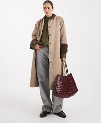 Pieces Trench-coat long avec col en velours côtelé - Beige-Brown