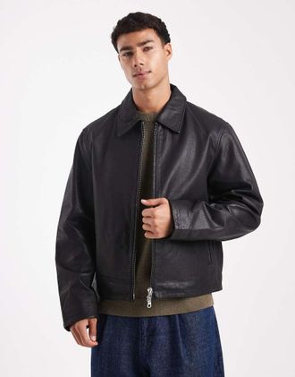 Jack & Jones Blouson Harrington en cuir avec fermeture &eacute;clair double sens - Noir