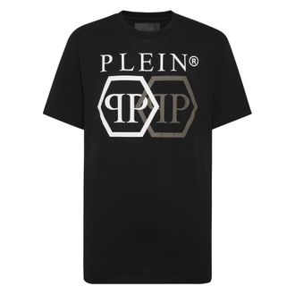 Philipp Plein Homme, Tops, Noir, Taille: 2XL T-shirt Col Rond SS Pierres Hexagone