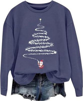 Generic Sweats de Noël pour femme - Motif amusant de Noël - Manches longues - Pull décontracté à col rond - Imprimé graphique - Pull ample de Noël, b-bleu mar
