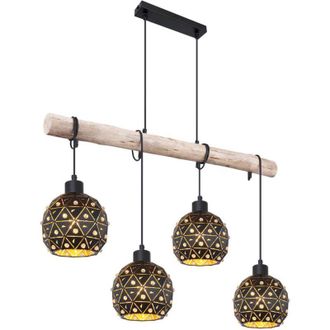 ETC Shop Pendelleuchte Holz Esstischlampe Esszimmer Lampen h&auml;ngend Vintage H&auml;ngeleuchte Holzbalken, Kristalle H&ouml;henverstellbar, 4x E27, l 85 cm, Wohnzimmer