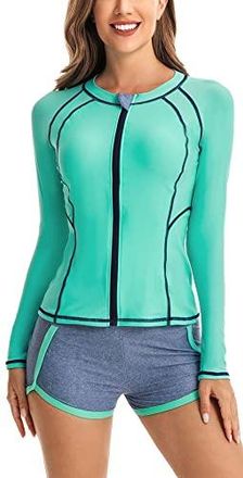 Feoya Maillot de Bain 2 Pièces Femme Tankini Manches Longues Ensembles Rashguard avec Short de Bain Maillot de Surf Natation A19 M