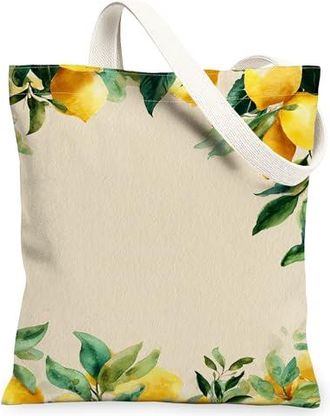 Generic Sacs fourre-tout en toile motif floral citron, vintage, &eacute;l&eacute;gant, r&eacute;utilisable, l&eacute;ger et lavable avec bandouli&egrave;re, beige, 13x15 Inch