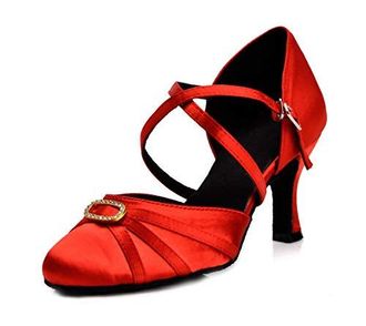 Minitoo Chaussures pour Danser Femme Satin Formal Fete Soiree Escarpins L117B Rouge 7.5cm Talon EU 38