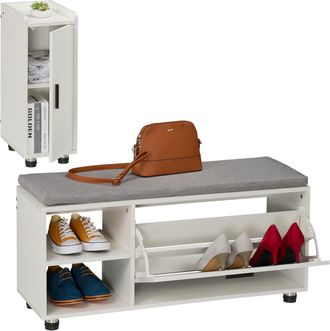 Relaxdays Schuhbank mit Sitzfläche & Schrank, Set, Schuhschrank mit Sitzbank, Stauraum, Flur & Schlafzimmer, weiß-grau