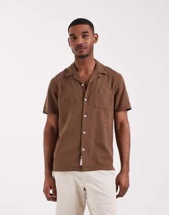 Tommy Jeans Chemise en lin m&eacute;lang&eacute; &agrave; manches courtes et col ouvert - Marron-Brown