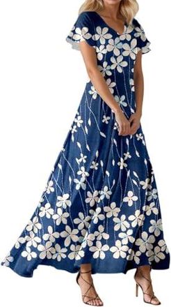 Generic Robe d&eacute;t&eacute; boh&egrave;me 2026 pour femme, robe d&eacute;t&eacute; &eacute;l&eacute;gante avec col en V, fluide, d&eacute;contract&eacute;e, parfaite pour la plage et la vill&eacute;giature, bleu, 3XL