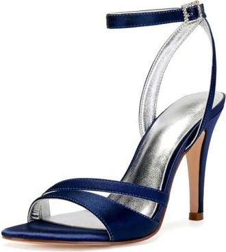 Generic Escarpins Femme Sandales Talon Heels Satin Chaussures De Mariage Mari&eacute;e Sexy Open Toe High Sandales 10.5CM,Dark blue,39 EU