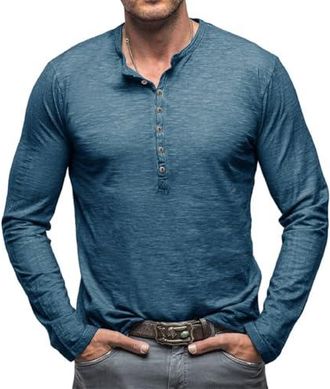 ORANDESIGNE Henley T-Shirts à Manches Longues Homme Bouton Été Causal Slim Fit Col Tunisien Tee Shirt Casual Chemises A Bleu XS