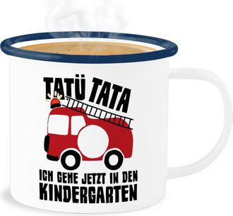 Shirtracer Emaille Becher Blechbecher - Hallo Tassen - Tatü Tata Ich gehe jetzt in den Kindergarten - Feuerwehrauto - 300 ml - Weiß Blau - kindergartenkind kita 