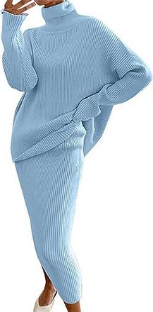 Generic Robe en Tricot Femme 2 Pi&egrave;ces Ensembles Uni Manches Longues Pullover Haut et Jupe Tricot&eacute; Pull &agrave; Col Roul&eacute; Robe Tricot&eacute;e Combinaisons Aotumne Hiver Mi