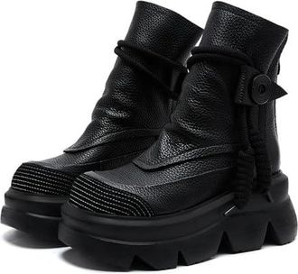 Generic QXDZSW Bottes mi-mollet faites &agrave; la main pour femme Bottes courtes Bout rond Hauteur Augmentation Semelle &eacute;paisse Chaussures pour femme, 3166 5 Noir A