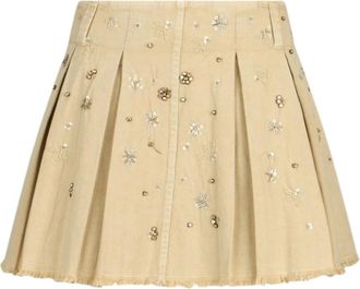 Liu Jo Femme, Jupes, Beige, Taille: 40 FR Mini-jupe pliss&eacute;e en drill de coton avec broderies de bijoux