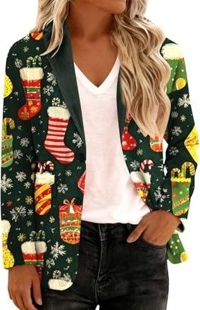Generic Blazer élégant imprimé de Noël pour femme, manteau fantaisie imprimé sapin de Noël, costume à revers ajusté, smoking vintage, fête de vacances, costum