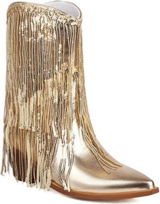 Generic Bottes de cowgirl &agrave; pompons m&eacute;talliques pour femme - Bout pointu - Talon &eacute;pais - Chaussures de f&ecirc;te dhiver, dor&eacute;, 37.5 EU