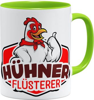 OM3 H&uuml;hnerfl&uuml;sterer Tasse Farmer H&uuml;hner Fl&uuml;sterer Huhn Hahn IV - Keramik Becher - 11oz 325ml - Beidseitig Bedruckt - Hellgr&uuml;n