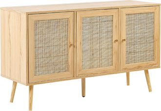 Beliani 3 Tür Rattan Sideboard Boho Stil Schrank Helles Holz Perote