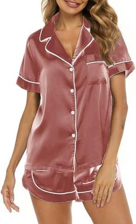 Generic Ensemble de pyjama 2 pi&egrave;ces en satin pour femme - Ensemble de v&ecirc;tements de nuit en satin pour femme - T-shirt &agrave; manches courtes et pantalon &agrave; boutons 