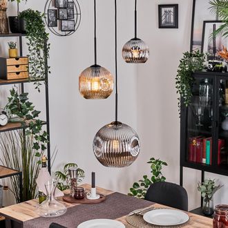 HOFSTEIN Hängeleuchte Koyoto, 3-flammige Hängelampe aus Metall/Riffelglas in Schwarz/Bernstein/Rauch/Chrom, Pendelleuchte im Vintage-Design (Schirme Ø 15; 20; 
