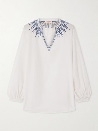 Emporio Sirenuse Blouse En Coton Et En Soie M&eacute;lang&eacute;s &Agrave; Broderies Et &Agrave; Perles Ilizia - Blanc