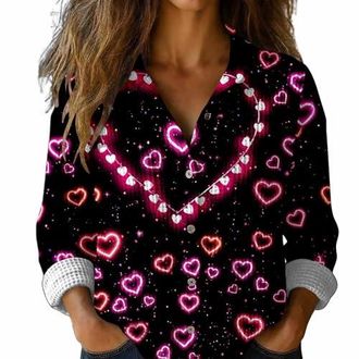 Generic Saint Valentin Manches 3/4 Col en V T-shirt pour Femmes T-shirt Graphique Coeur damour T-shirt Rouge Saint-Valentin Hauts D&eacute;contract&eacute; Printemps Chemis