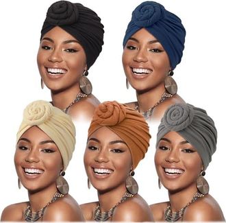 Dreshow 5 Pièces Turban Africain pour Femme Bonnet Pré-noué Bonnet Chimio Casquette de Perte de Cheveux Chapeau