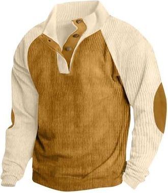 Generic Sweatshirt patchwork pour homme avec coudi&egrave;res en velours c&ocirc;tel&eacute; d&eacute;contract&eacute; col montant col montant quart de bouton chemises, jaune, 3XL