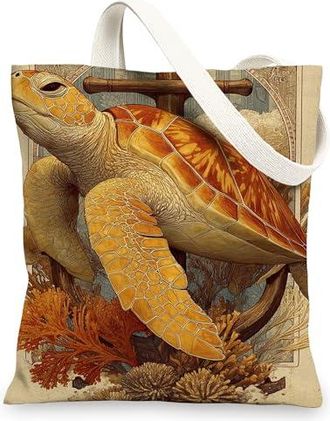 Generic Sacs en toile réutilisables motif tortue de mer, sacs dépicerie, légers et lavables avec bandoulière F, orange, 13x15 Inch