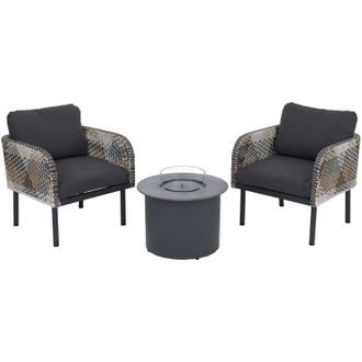 Hhg Poly-Rattan Garnitur HHG-340, Lounge-Set Garten Stuhl, Tischkamin Bioethanol-Fire-Pit Alu Stoff 220g/m&sup2; dunkelgrau