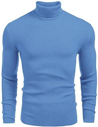 Coofandy Pull à col roulé pour hommes, basique, à manches longues, en tricot, coupe ajustée, pour les loisirs, Bleuet, 3XL