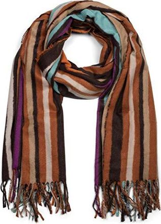 styleBREAKER écharpe pour femmes avec motif de rayures colorées et longues franges, color blocking, hiver, étole, foulard 01017113, couleur:Orange-Turquoise-Marron