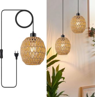 Wilon H&auml;ngelampe mit Stecker, 2 St&uuml;ck E27 Vintage Lampe mit 4.5M Kabel, Rattan Lampenschirm H&auml;ngelampe, Esstischlampe H&auml;ngend, H&auml;ngeleuchte f&uuml;r Wohnzimmer S