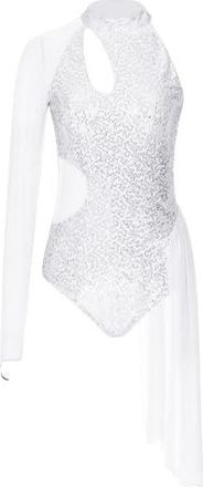 dPois Femme Justaucorps de Gymnastique Latine Paillettes Brillants Body Ballet Manche Longue Tenue Danse Moderne Jazz Patinage Costume Spectacle S-2XL Argen