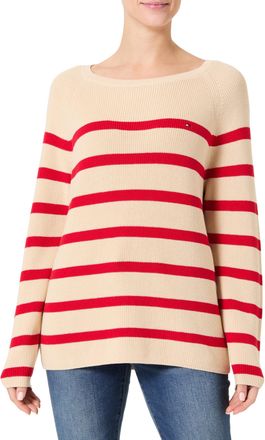 Tommy Hilfiger Damen CO Cardi FINE GG LS Boat-NK SWT WW0WW44975, White (White Stripe 12), L