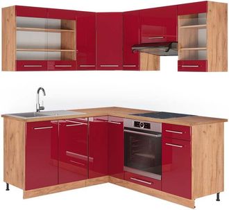 Vicco Eckküche Fame-Line, Bordeaux Hochglanz/Goldkraft Eiche, 160 x 190 cm, AP Eiche