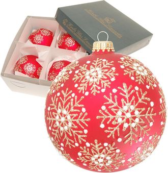 Krebs Glas Lauscha Weihnachtsdekoration/Christbaumschmuck aus Glas - Weihnachtskugeln - Motiv: Rote Kugel mit Schneekristallen in wei&szlig;/Gold - Gr&ouml;&szlig;e: 4 mal 10cm