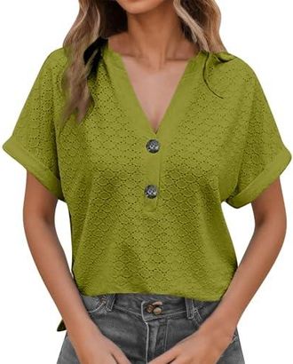 Generico Chemisier d&eacute;t&eacute; &eacute;l&eacute;gant &agrave; manches courtes pour femme avec col en V et boutons, vert, XXL