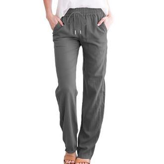 Generic Pantalon en lin pour femme - Coupe droite - Taille haute - Cordon de serrage - Coupe ample - Avec poches lat&eacute;rales, gris, 3XL