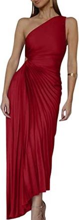Minetom Robe de Soirée Femme Elegante Une Épaule sans Manches Plissée Party Cérémonie Mariage Demoiselle dhonneur Maxi Robe Longue Vin Rouge S