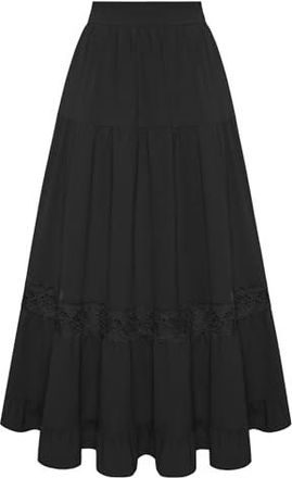 Belle Poque Jupe maxi pliss&eacute;e vintage taille haute trap&egrave;ze pour femme, Noir, M