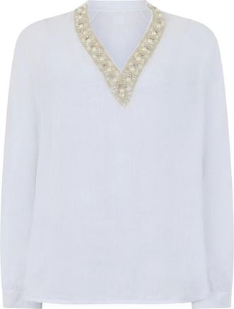 120% Lino Femme, Blouses et Chemises, Blanc, Taille: 38 FR Blouse en coton avec strass