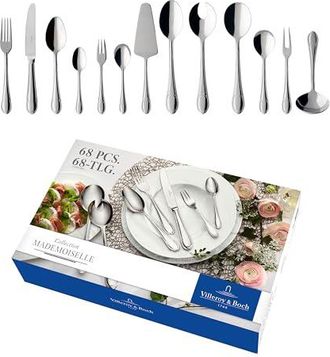 Villeroy & Boch Mademoiselle Tafelbesteck, Besteckset 68 Teilig, Sp&uuml;lmaschinenfest, Rostfrei, Besteck 12 Personen, Besteckset 12 Personen, Essbesteck Set, Messer, Gab